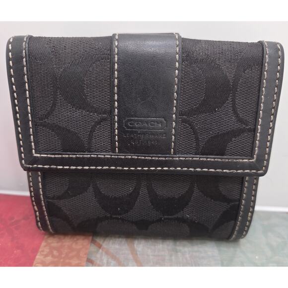 Coach | Bags | Coach Black Signature Logo Tri Fold Snap Wallet With ...